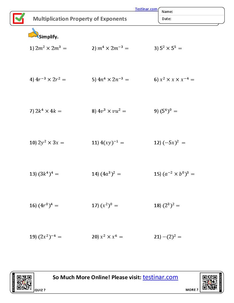 Worksheets On Properties Of Exponents