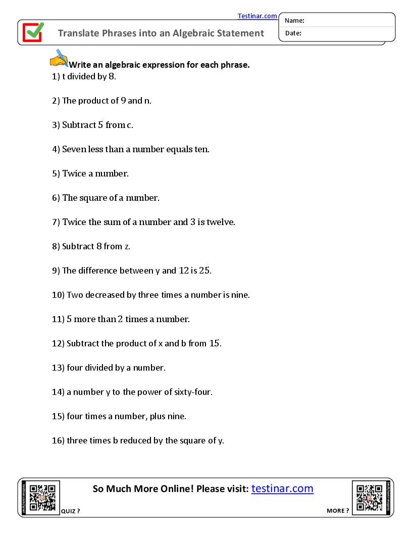 Translate Phrases Into An Algebraic Statement Worksheets Translate Phrases Into An Algebraic Statement Worksheets