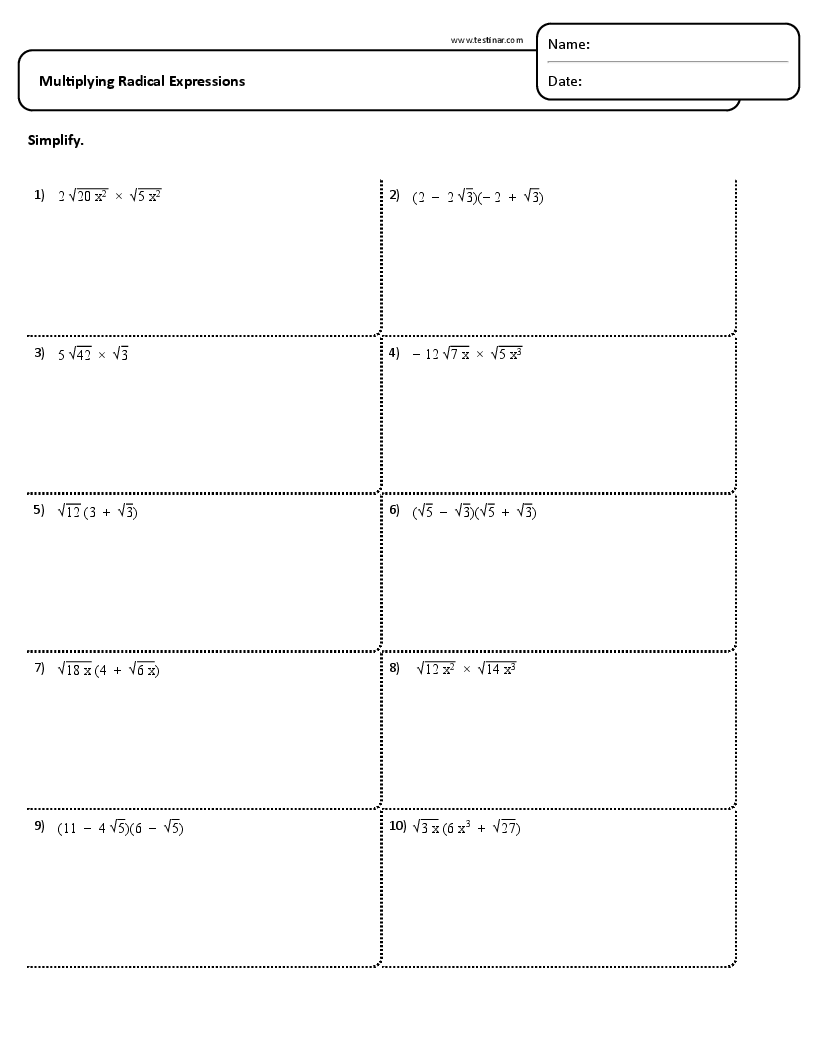Multiplying Radical Expressions Worksheets